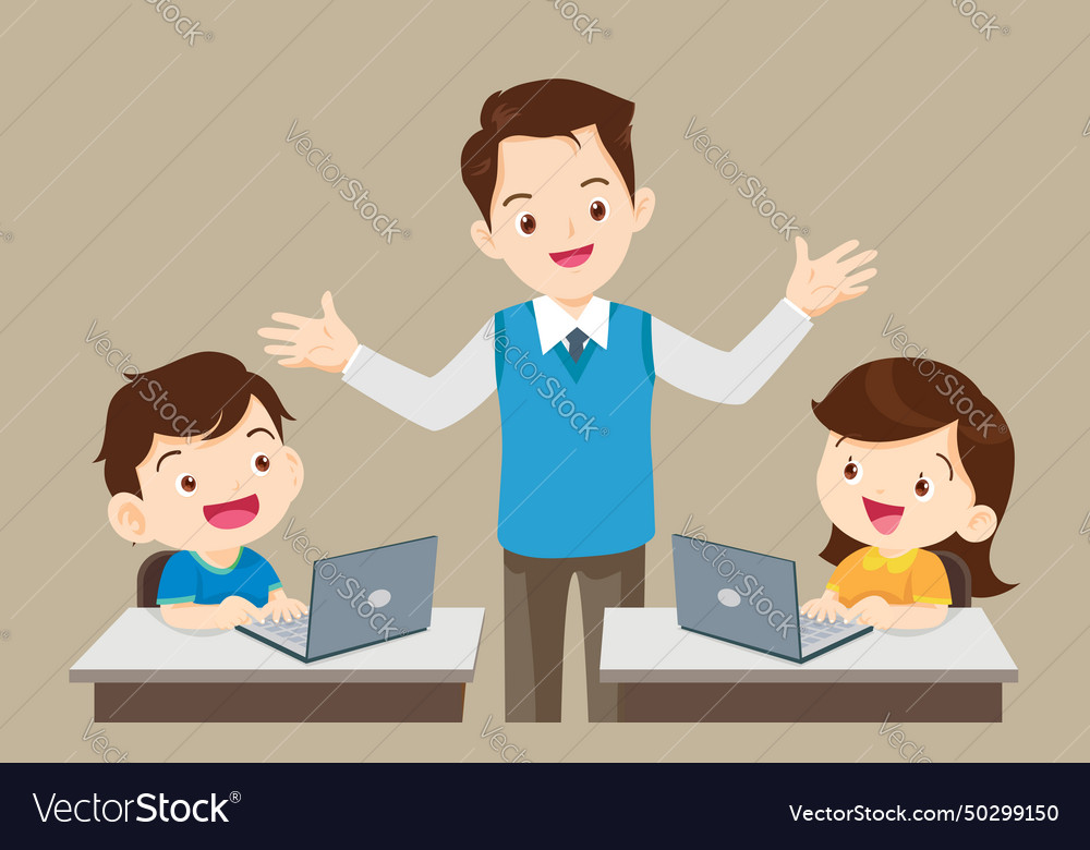 Teacher explain computer to student 007 Royalty Free Vector