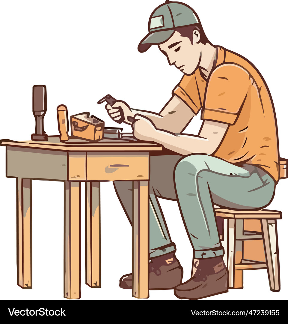 Carpenter sitting repairs the wooden table Vector Image