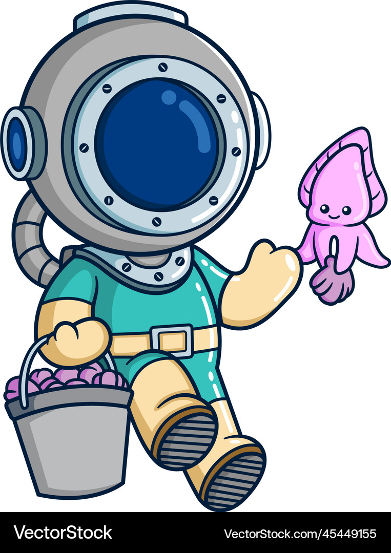 Diver carrying bucket and playing with cuttlefish Vector Image