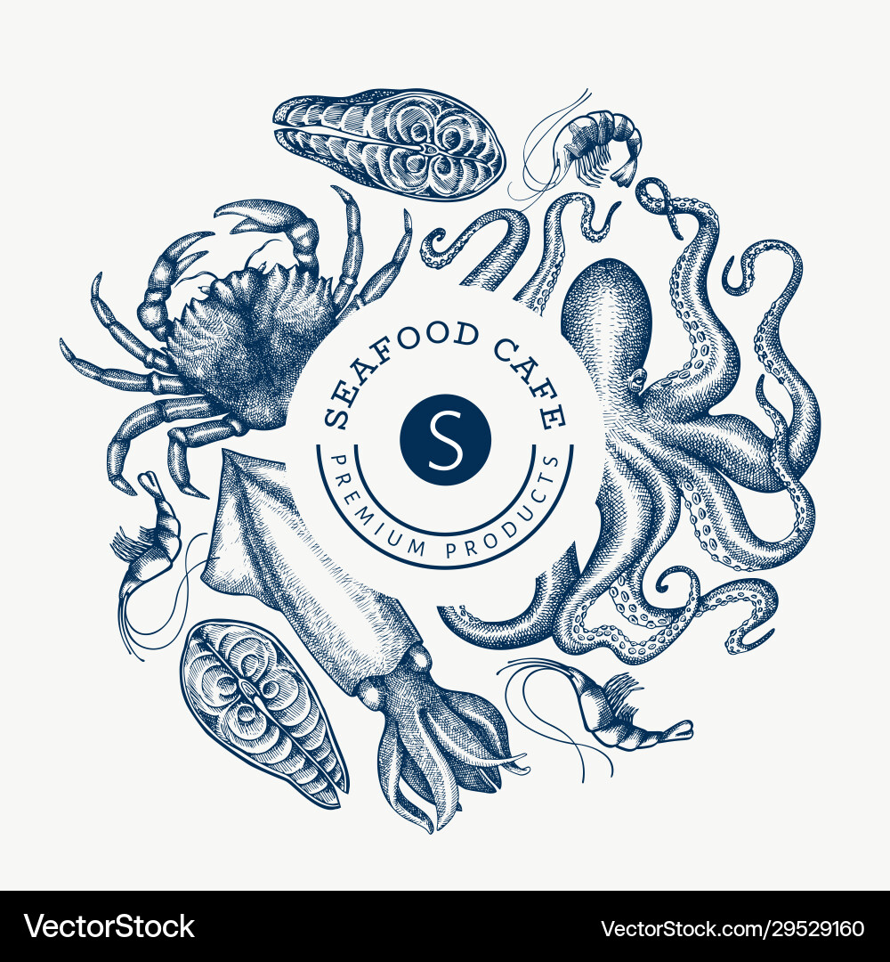 Seafood design template hand drawn seafood Vector Image