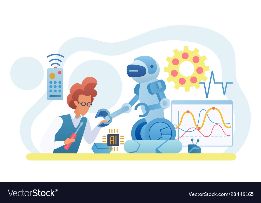Scientist creating robot flat Royalty Free Vector Image