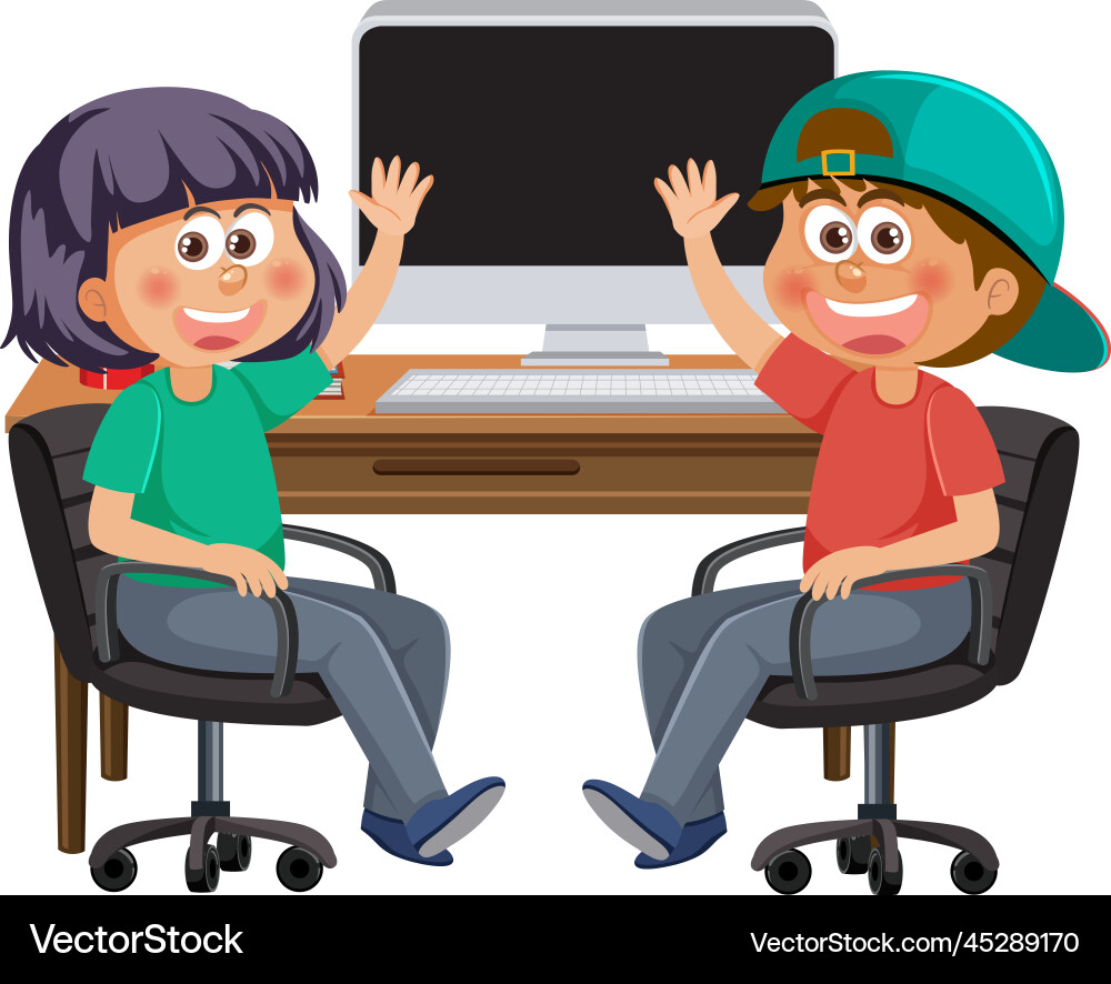 Children sitting in front of computer Royalty Free Vector