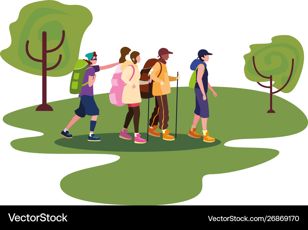 Young group people hiking wanderlust Royalty Free Vector