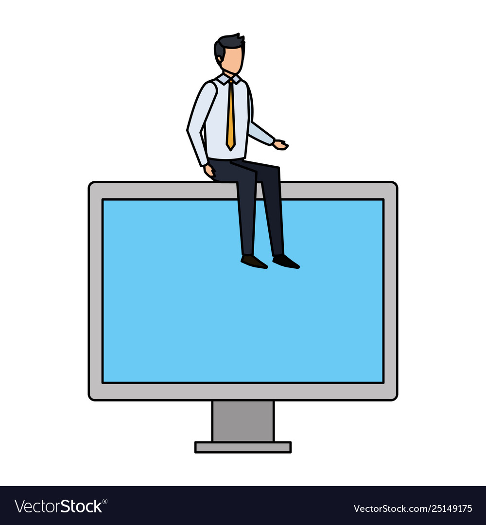 Elegant businessman sitting in computer display Vector Image