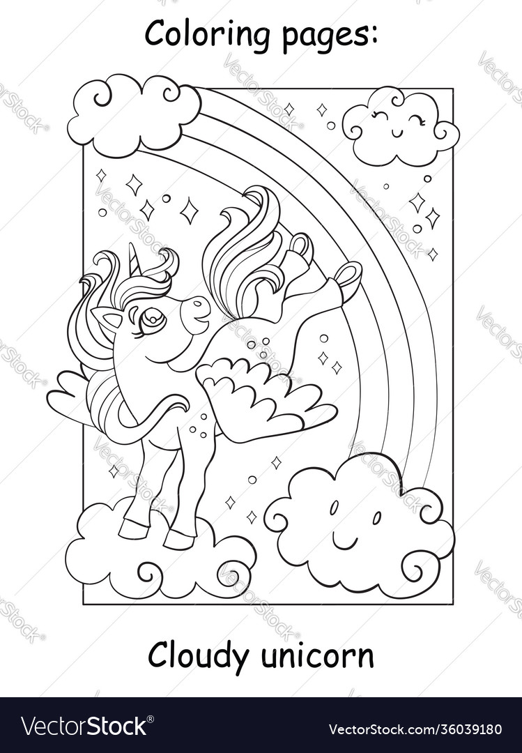 Cute unicorn with wings flying in sky coloring Vector Image