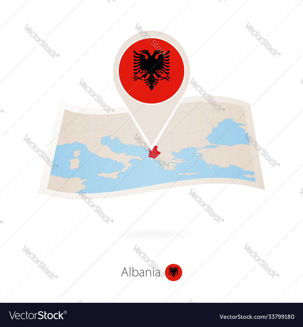 Folded paper map albania with flag pin Royalty Free Vector