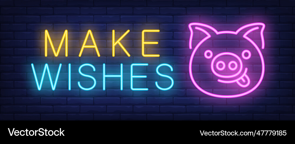 Make wishes neon text with funny pig face Vector Image