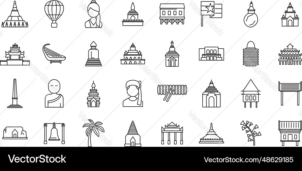 Myanmar icons set outline landmark map Royalty Free Vector