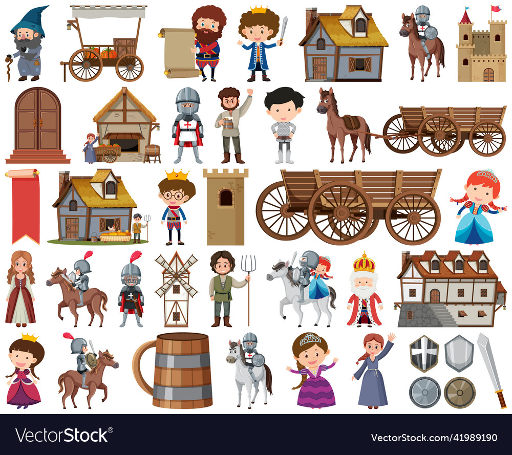 Medieval characters buildings set Royalty Free Vector Image