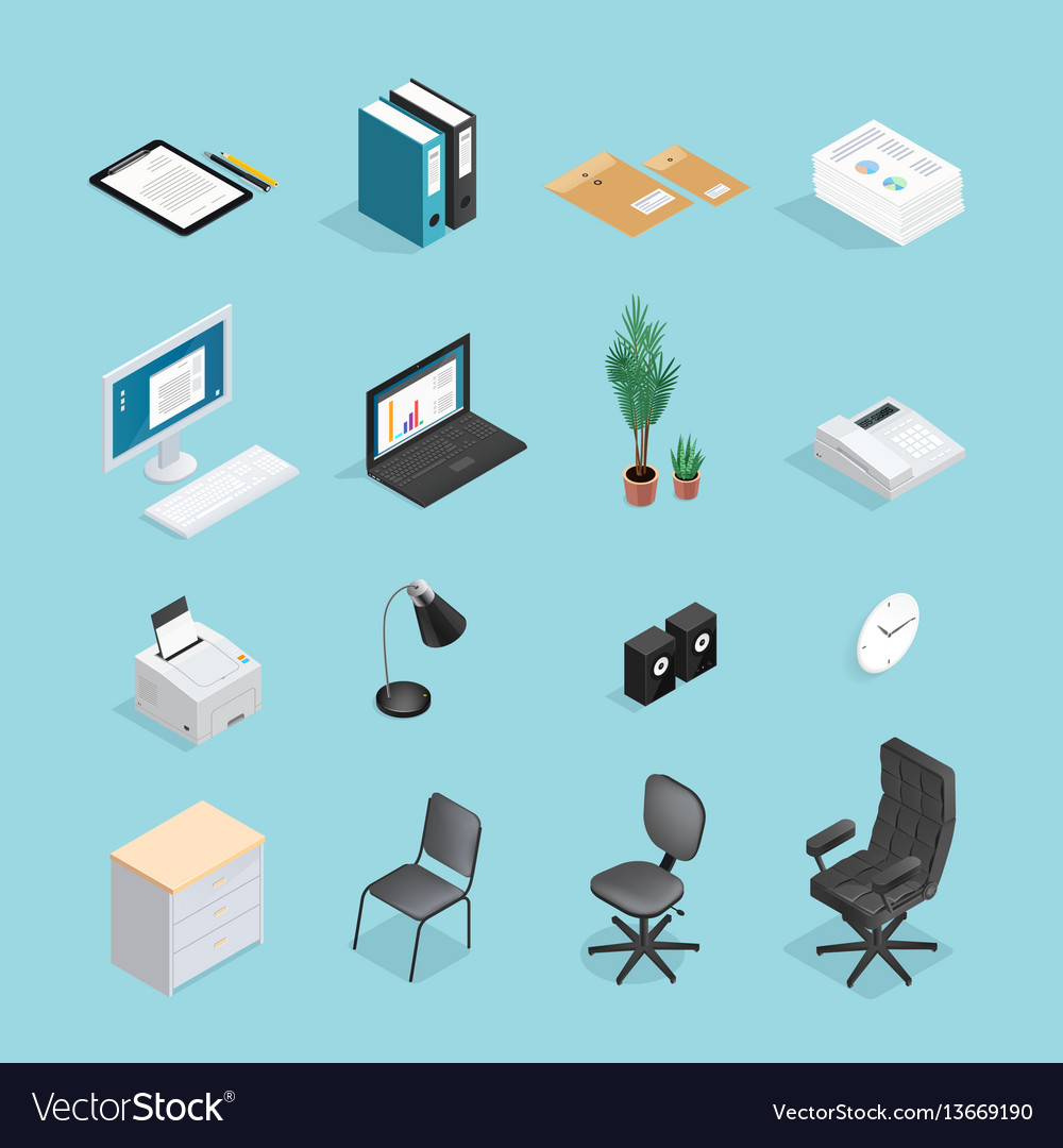 Office supplies isometric icon set Royalty Free Vector Image