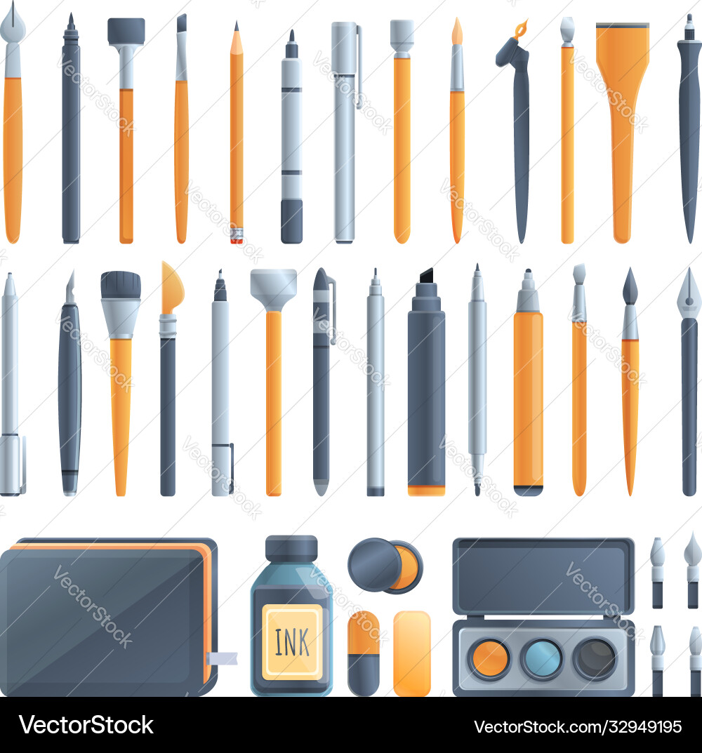 Calligraphy tools icons set cartoon style Vector Image