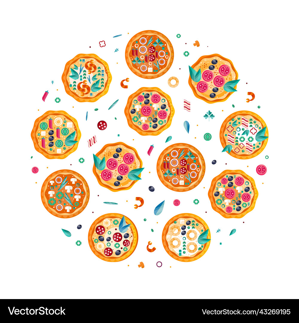 Pizza creative design with baked round dough round
