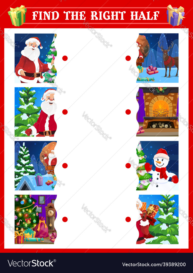 Matching halves game with christmas characters Vector Image