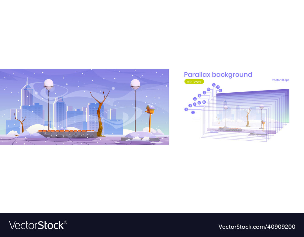 Parallax background winter park separated layers Vector Image