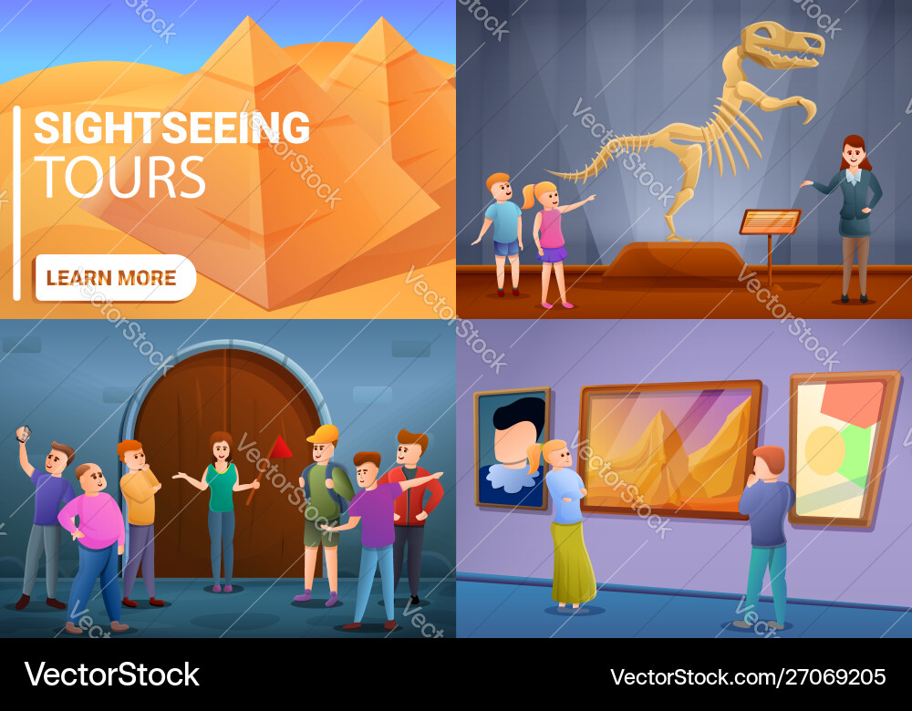City excursion banner set cartoon style Royalty Free Vector