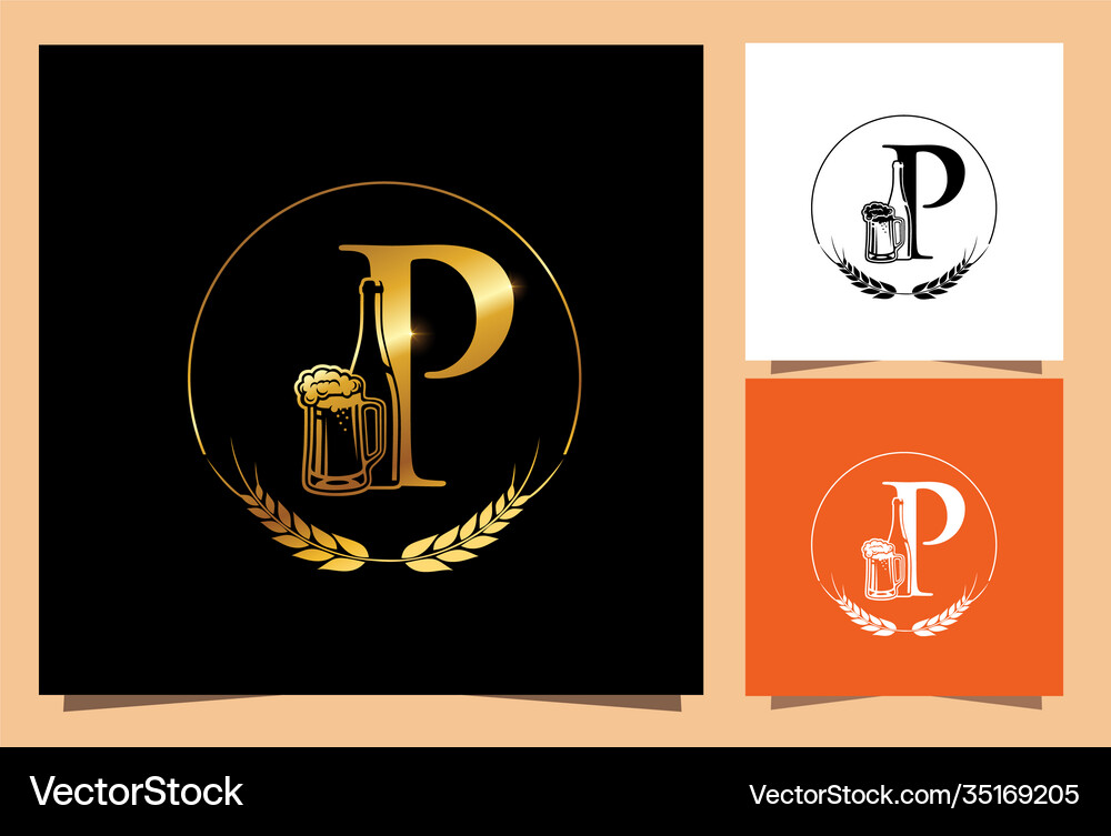 Gold glass and bottle beermonogram initial letter Vector Image