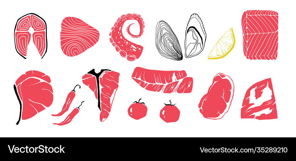 Meat cuts doodle beef or pork chicken and fish Vector Image