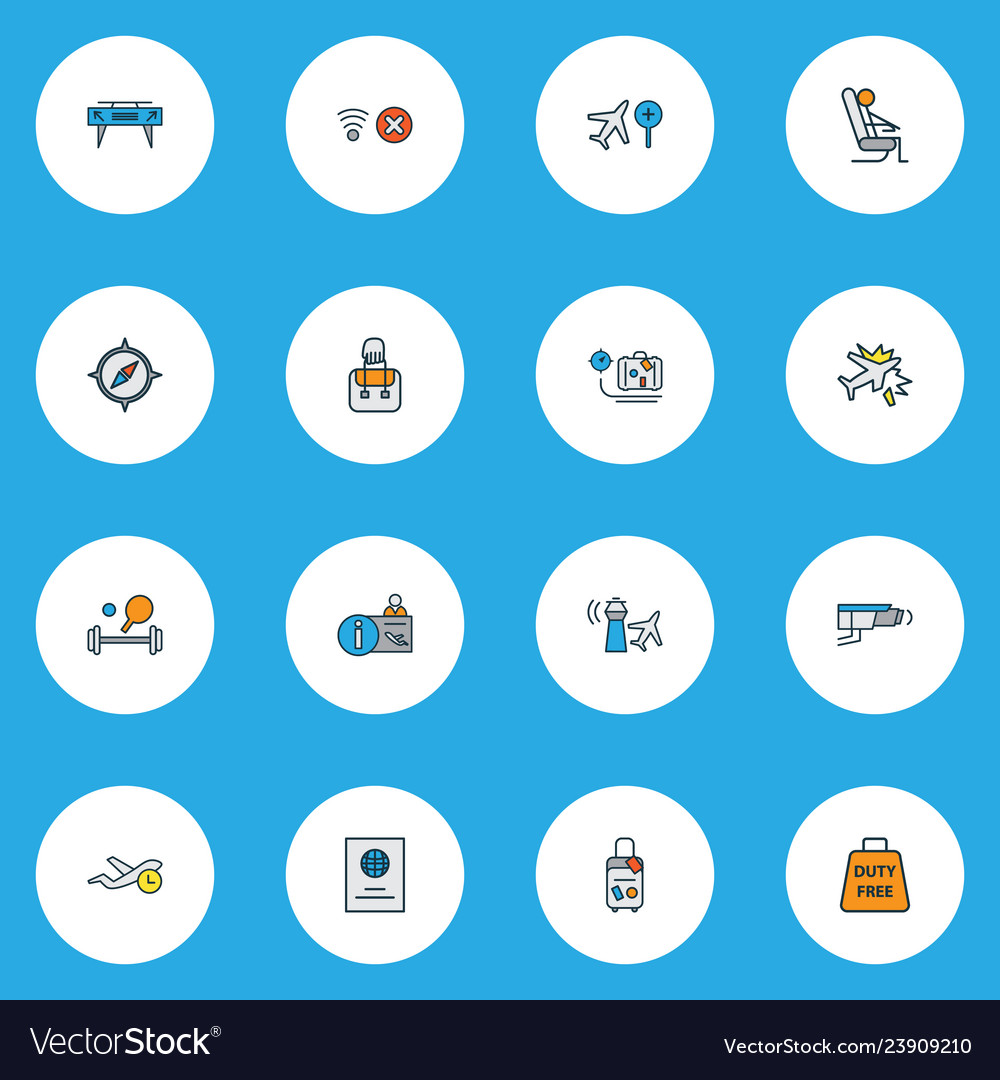 Travel icons colored line set with flight time Vector Image