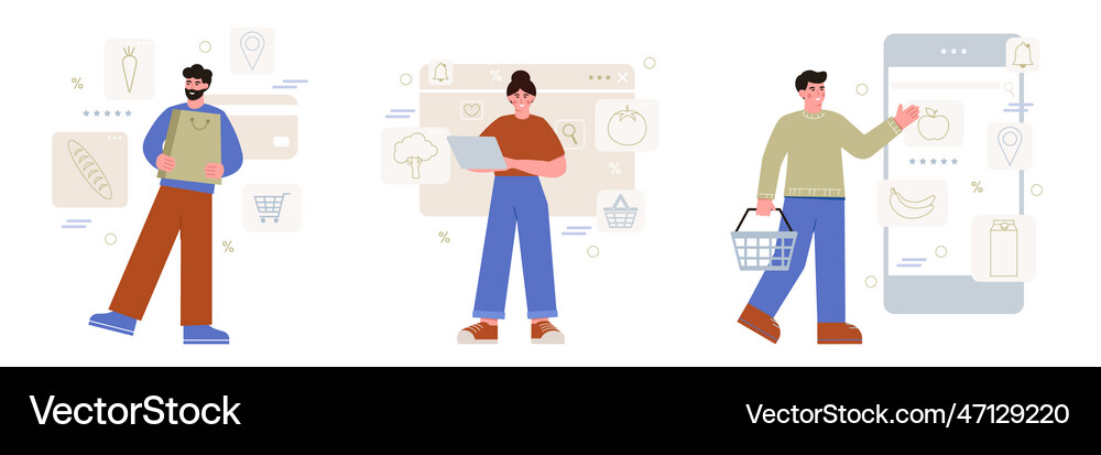 Customers purchasing products in store and over Vector Image
