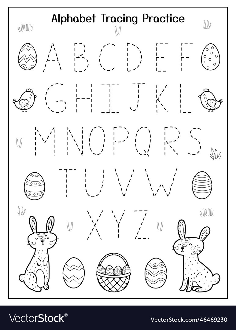 Easter alphabet tracing worksheet educational Vector Image