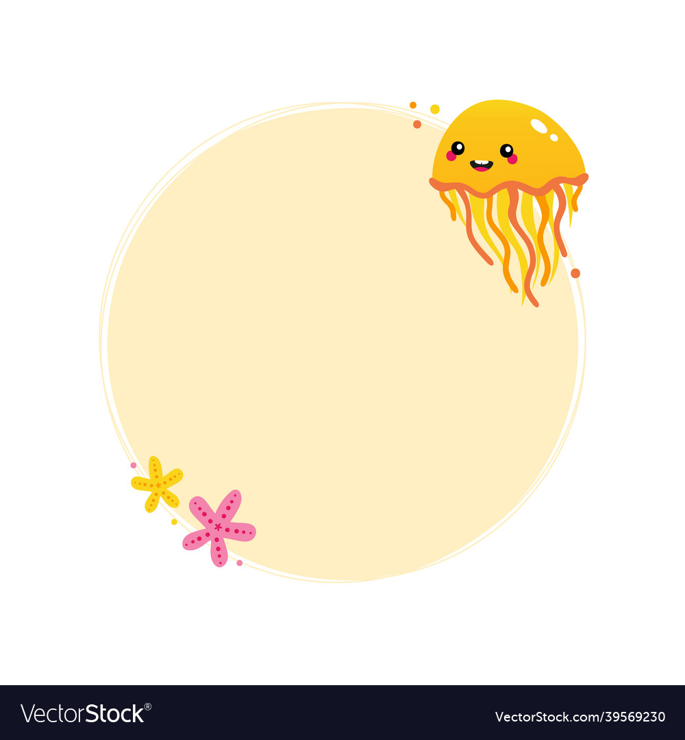 Jellyfish character and sea stars round frame Vector Image