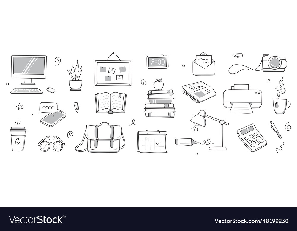Office work doodle set computer desk Royalty Free Vector