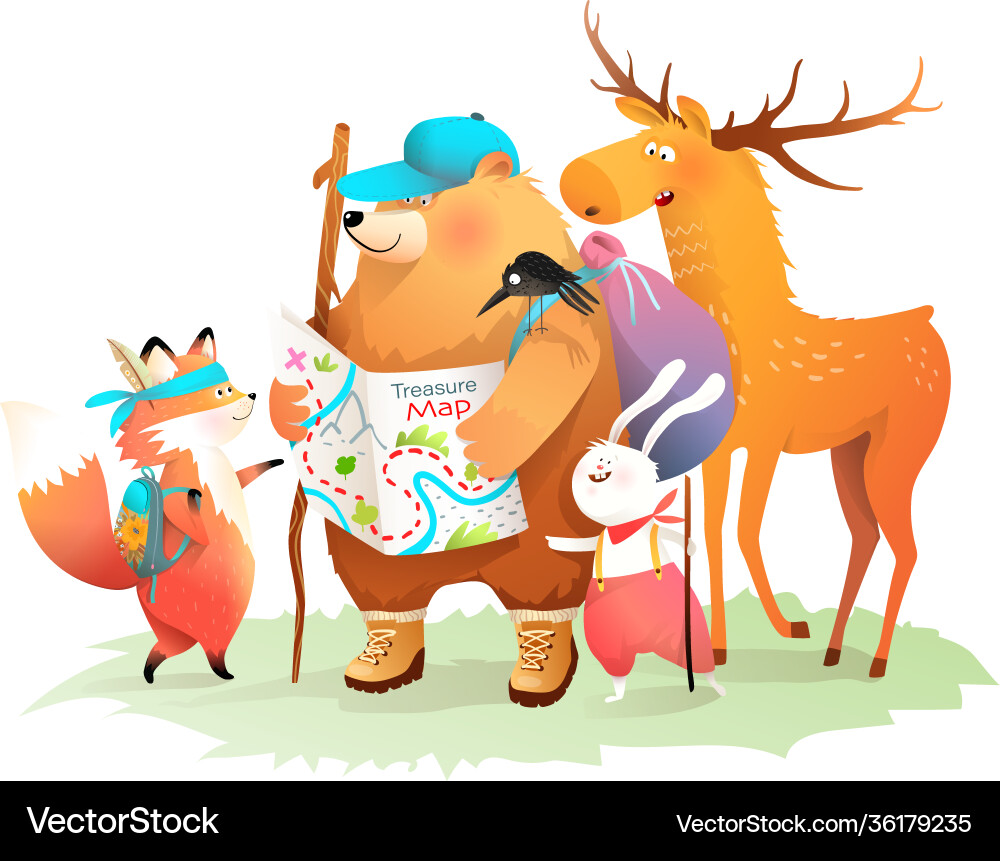 Kids animals bear rabbit fox moose hiking with map