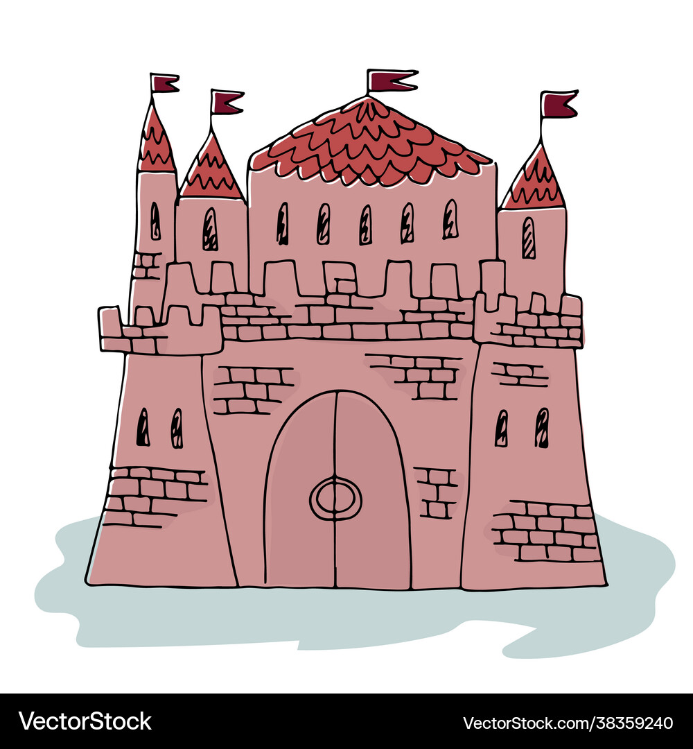 Doodle brick castle with four towers and flags Vector Image