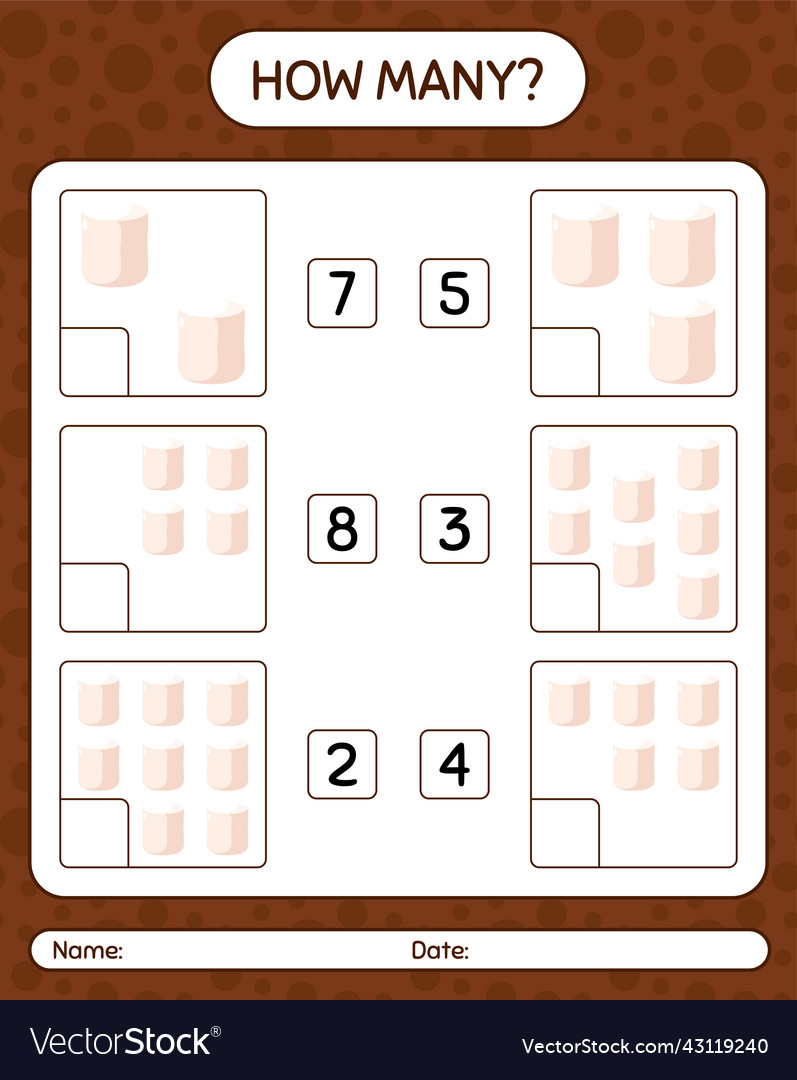 How many counting game with marshmallow worksheet Vector Image