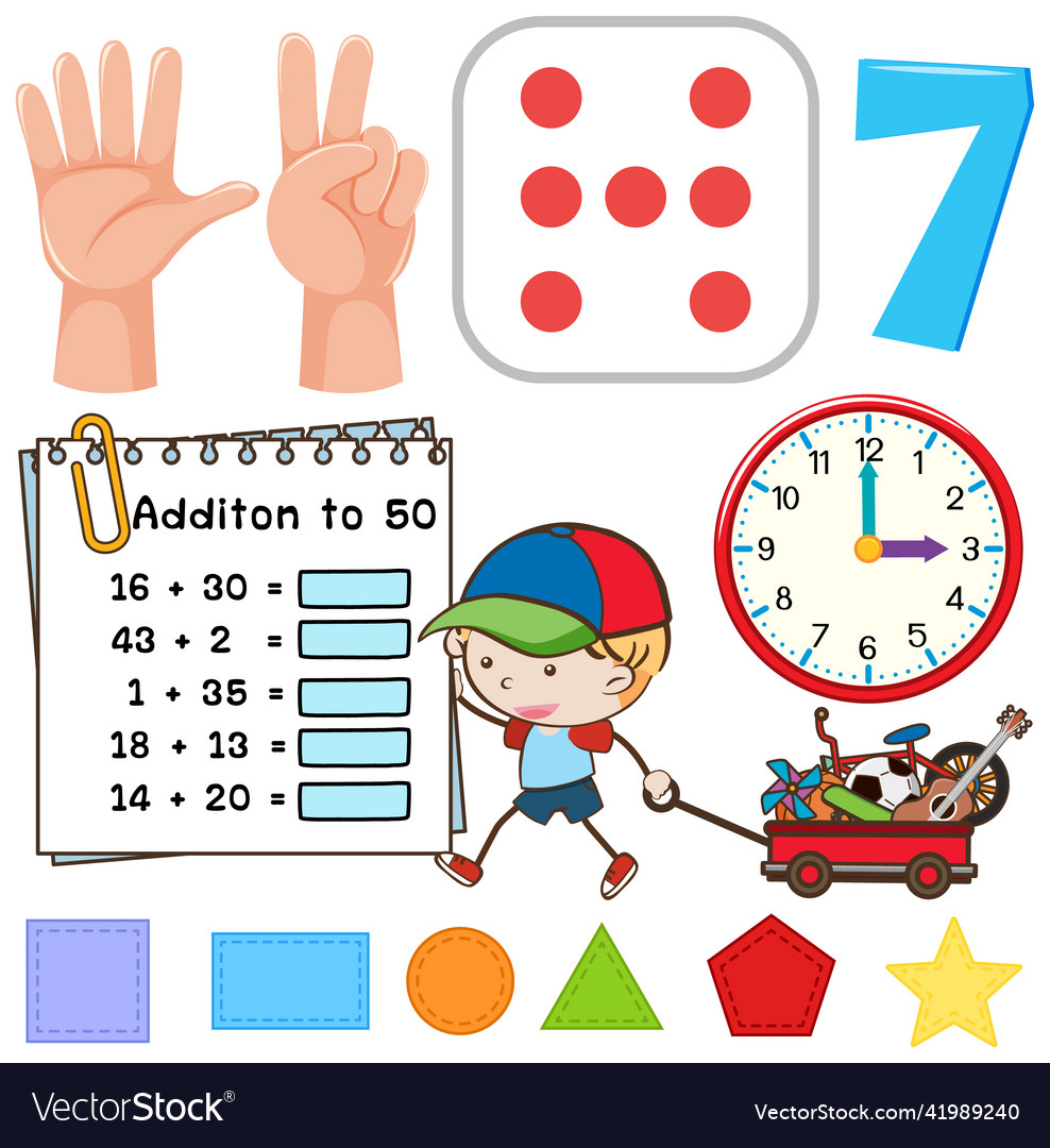 Math classroom objects with supplies and students Vector Image