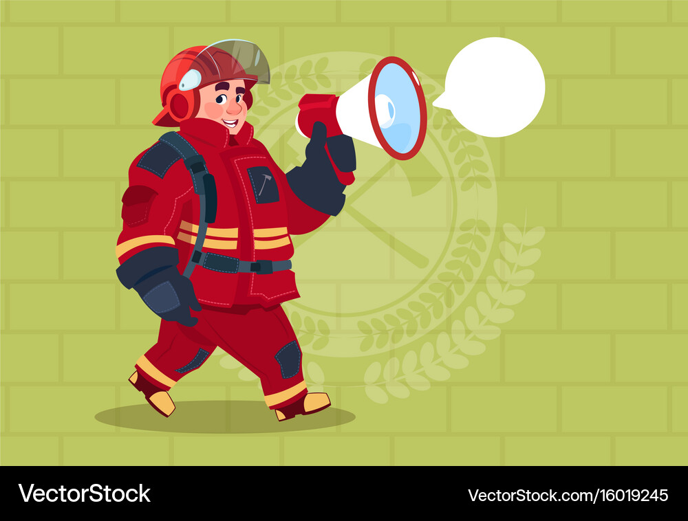 Fireman speaking in megaphone wear uniform Vector Image