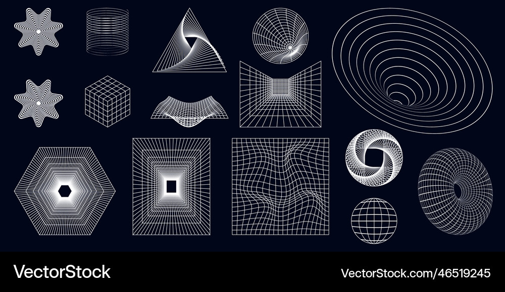 Geometric wireframe shapes and grids in white 3d Vector Image