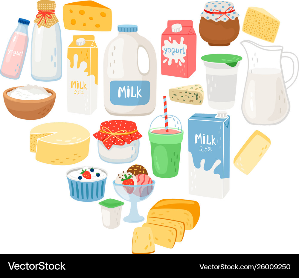 Diary products heart shape poster Royalty Free Vector Image