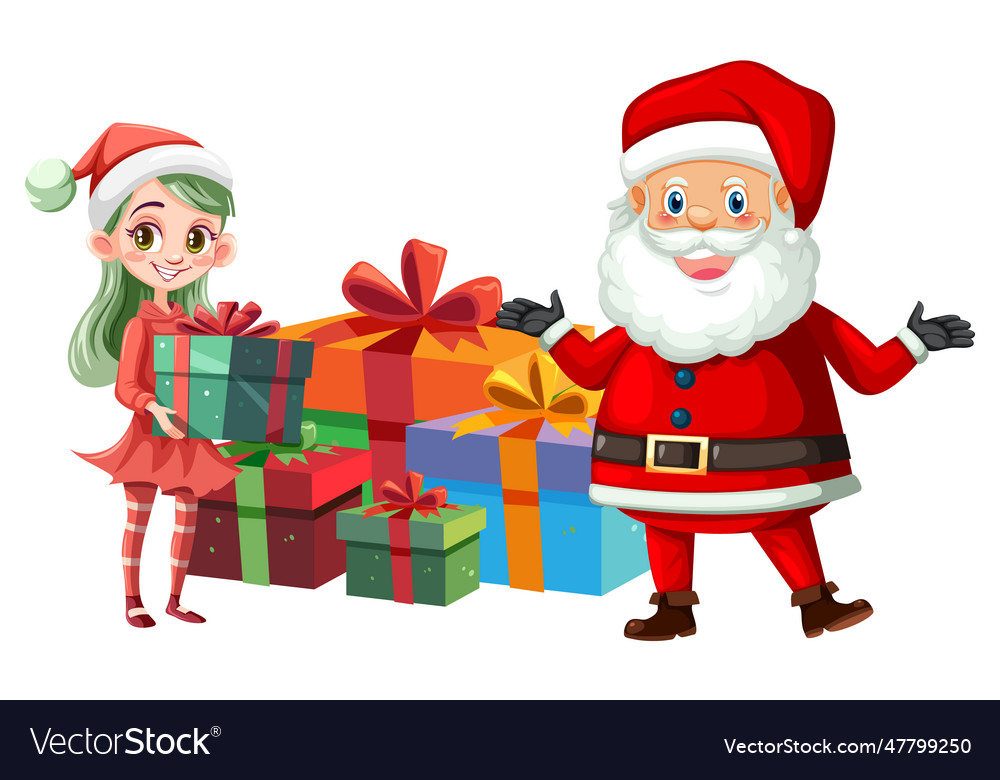 Santa claus and cute elf delivery gift box Vector Image