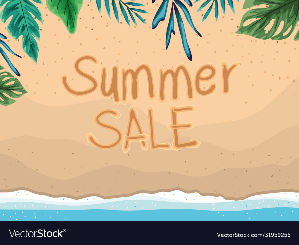 Beach with summer sale and leaves top view Vector Image