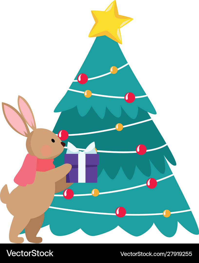 Christmas tree and cute rabbit holding a gift box Vector Image