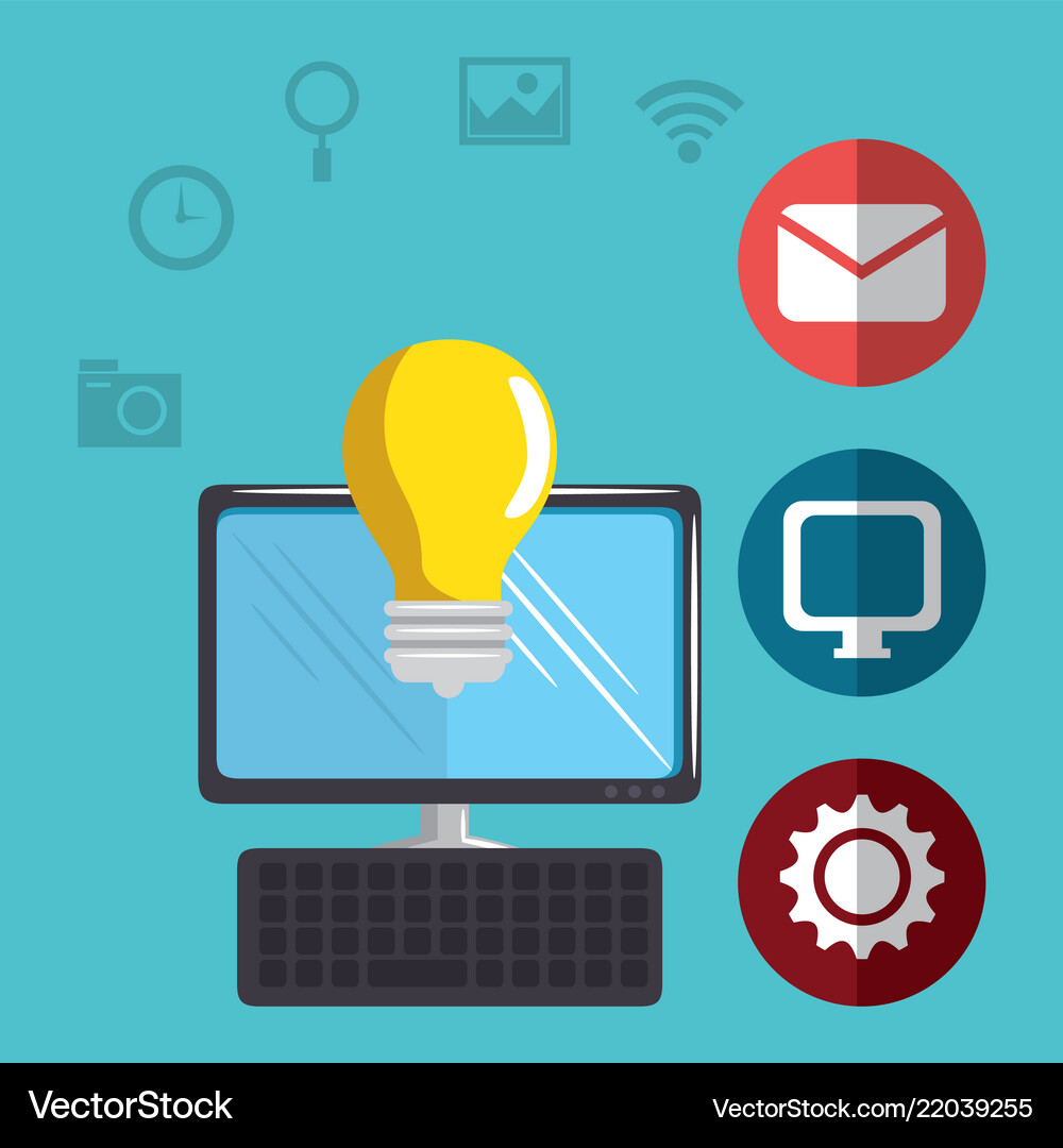 Computer with social media marketing icons Vector Image