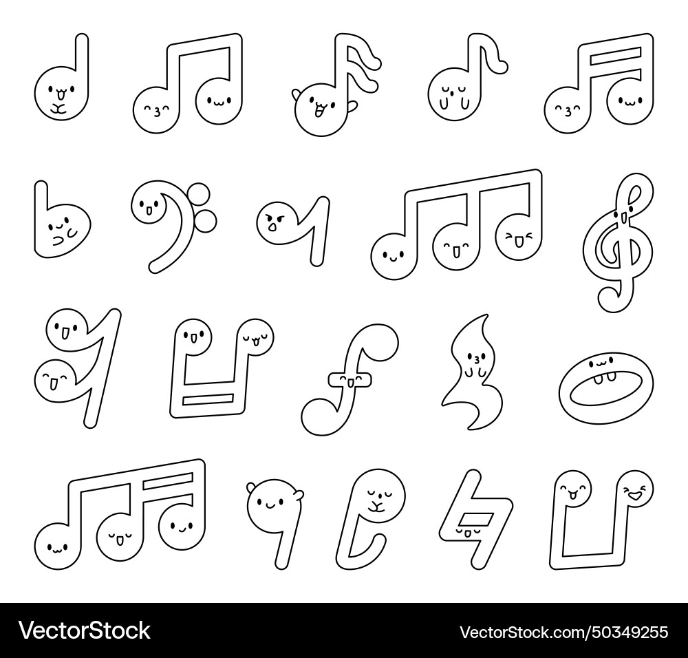 Cute kawaii music notes coloring page Royalty Free Vector