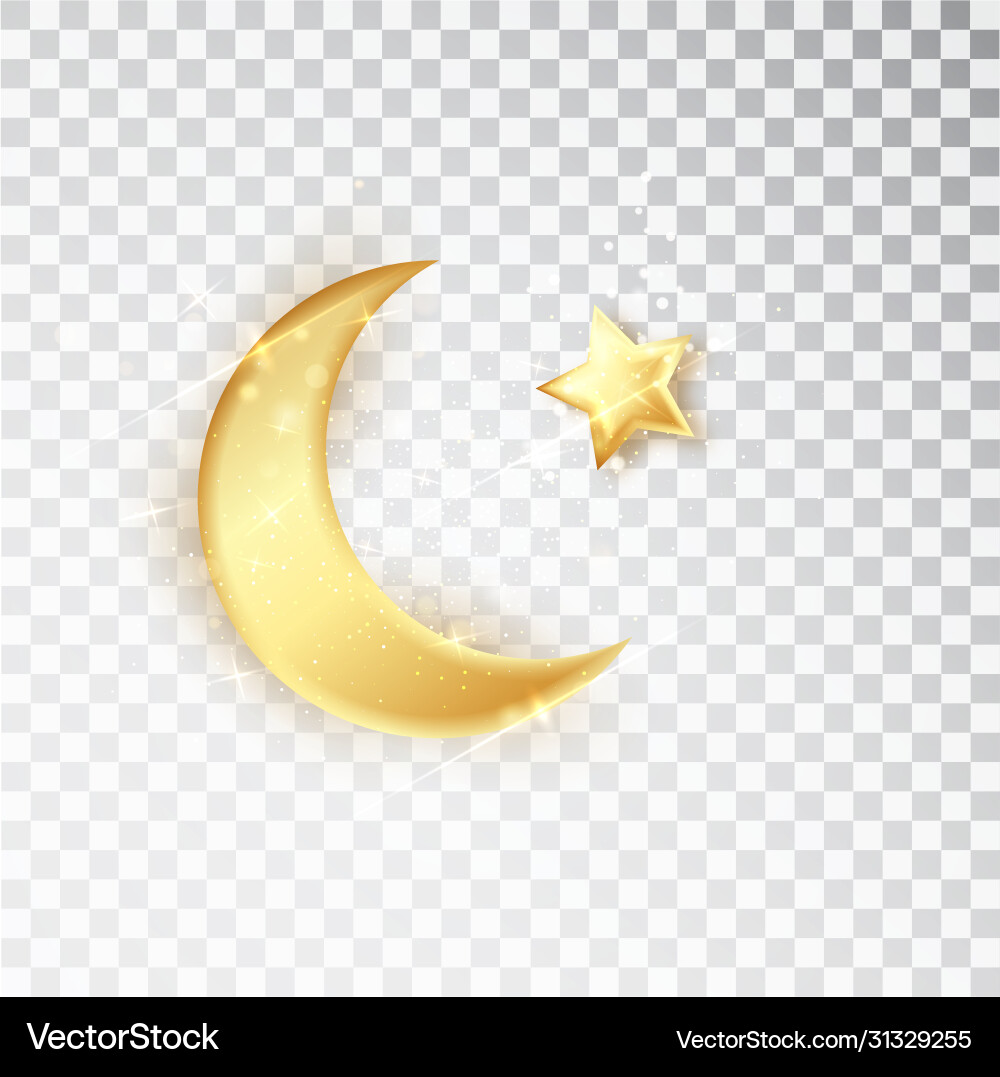 Gold shiny glowing half moon with star isolated Vector Image