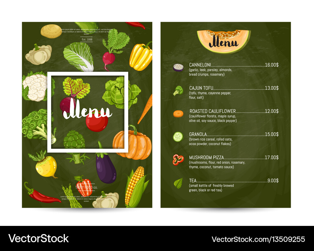 Vegetarian restaurant food menu design Royalty Free Vector