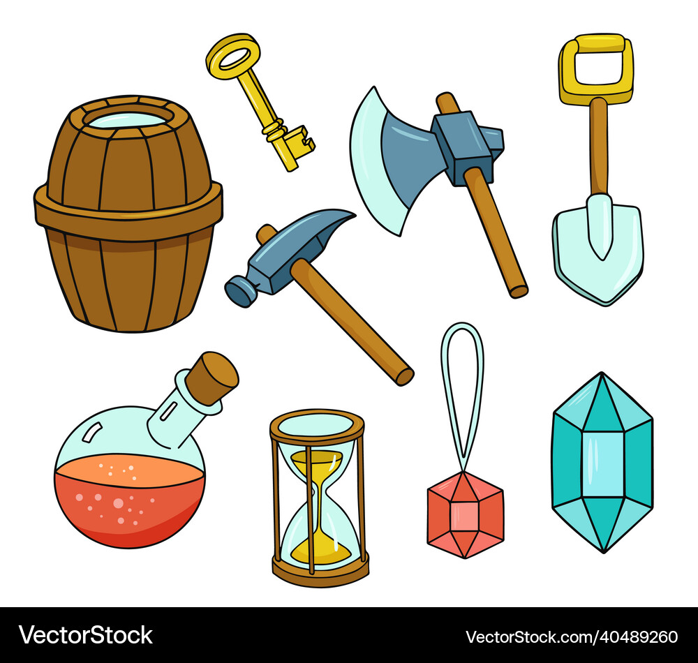 Set of cartoon game elements on white Royalty Free Vector