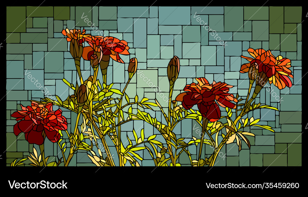 Stained glass window with blooming red marigolds Vector Image