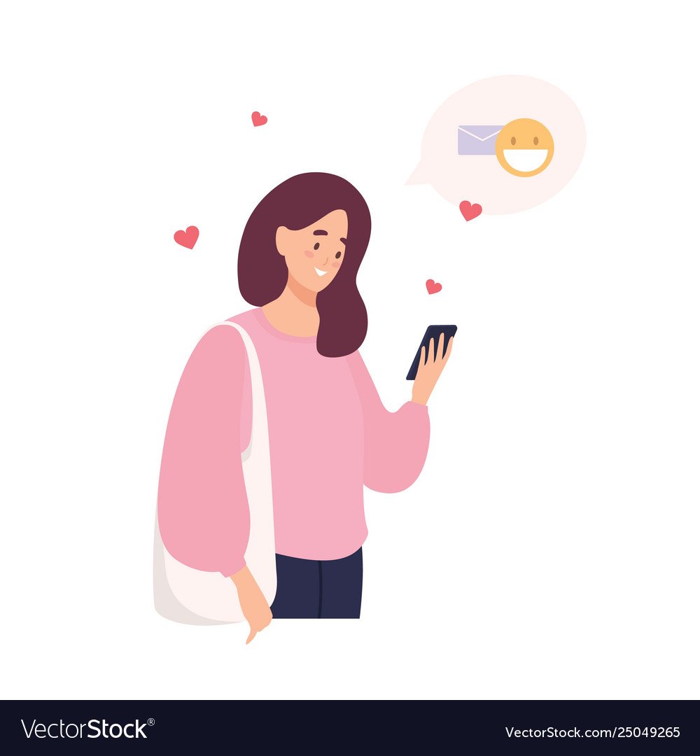 Cute Happy Girl Holding Cellphone Using Mobile Vector Image