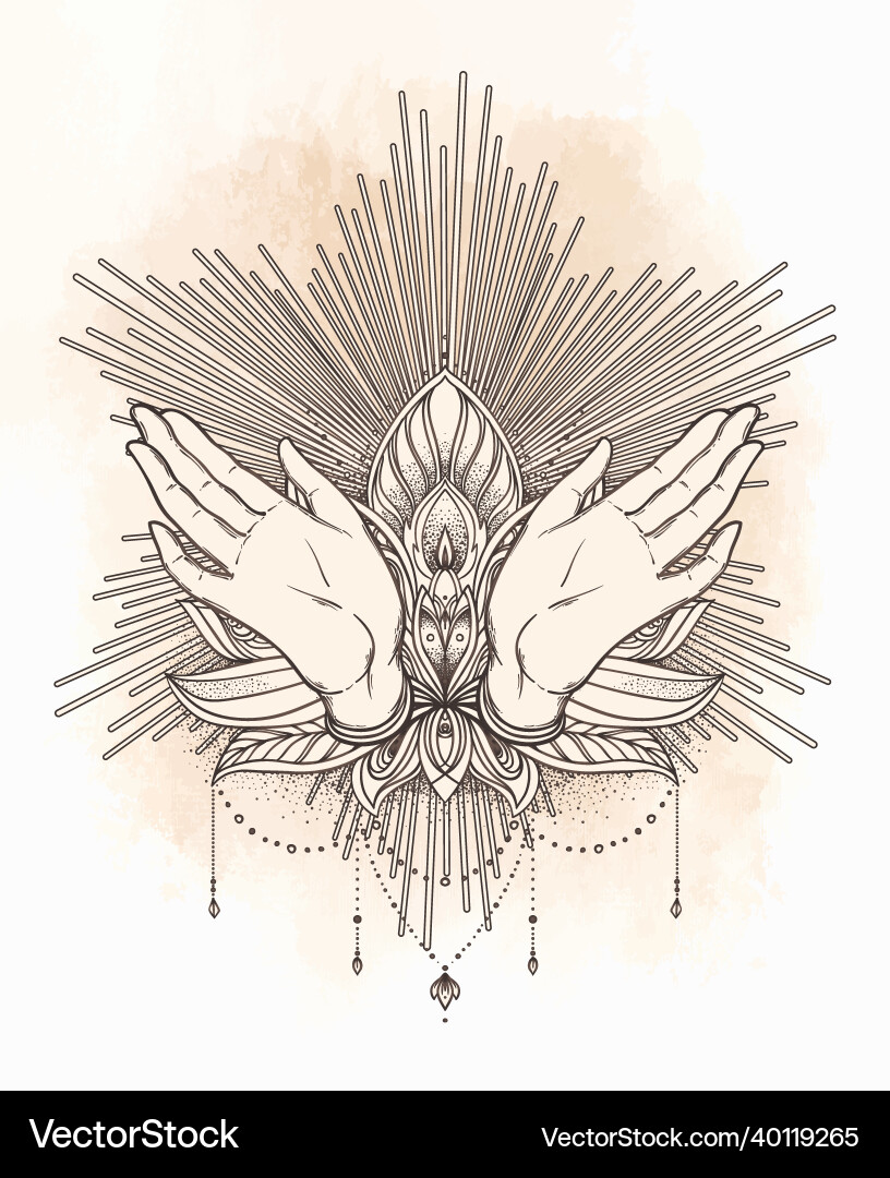 Female open hands over sacred geometry design Vector Image