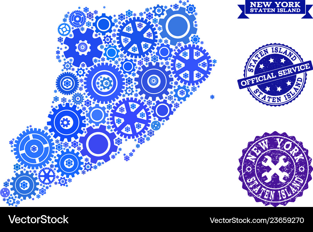 Collage map of staten island with cogs and rubber Vector Image