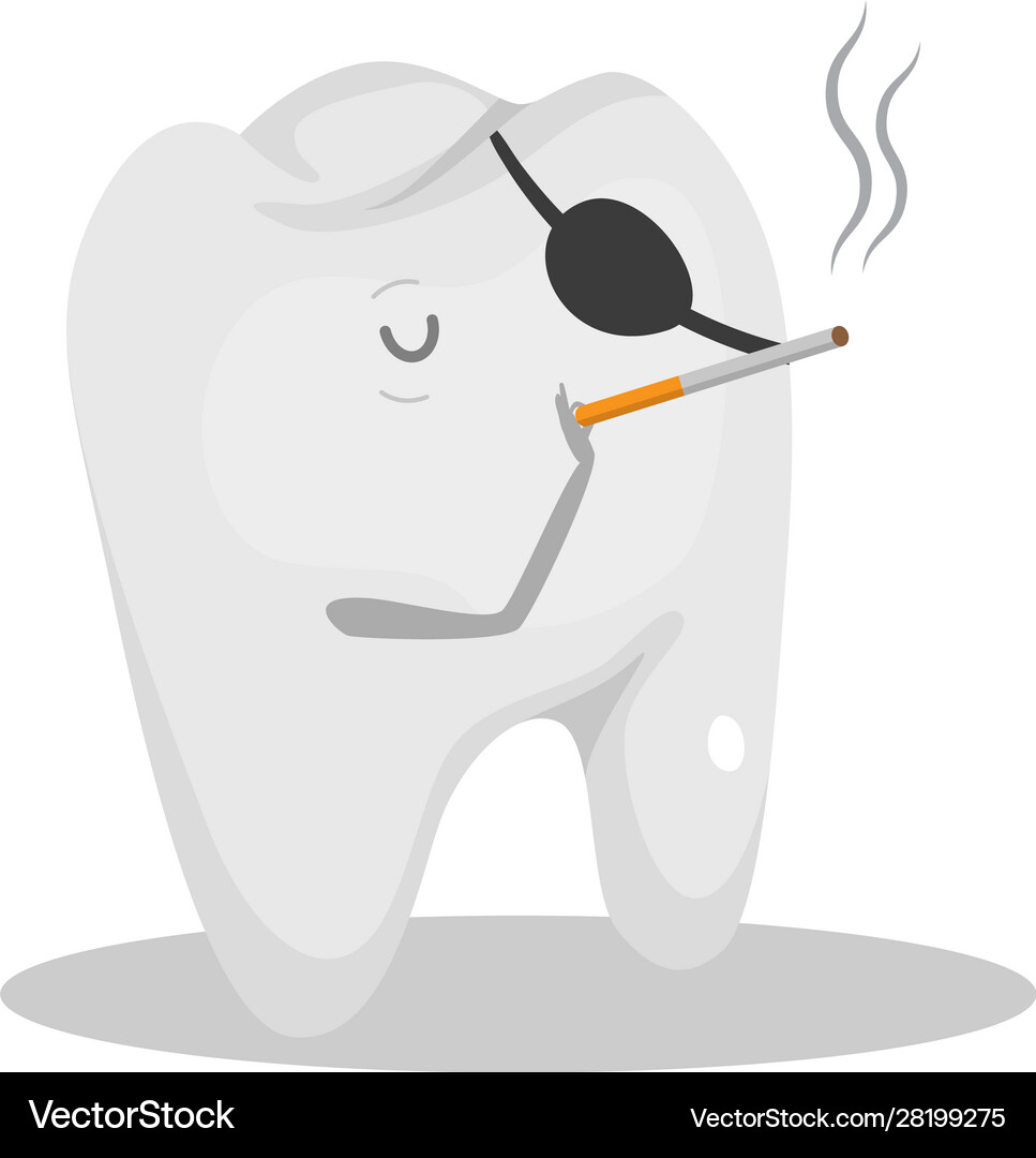 Grey tooth with one eye covered smoking cigarette Vector Image