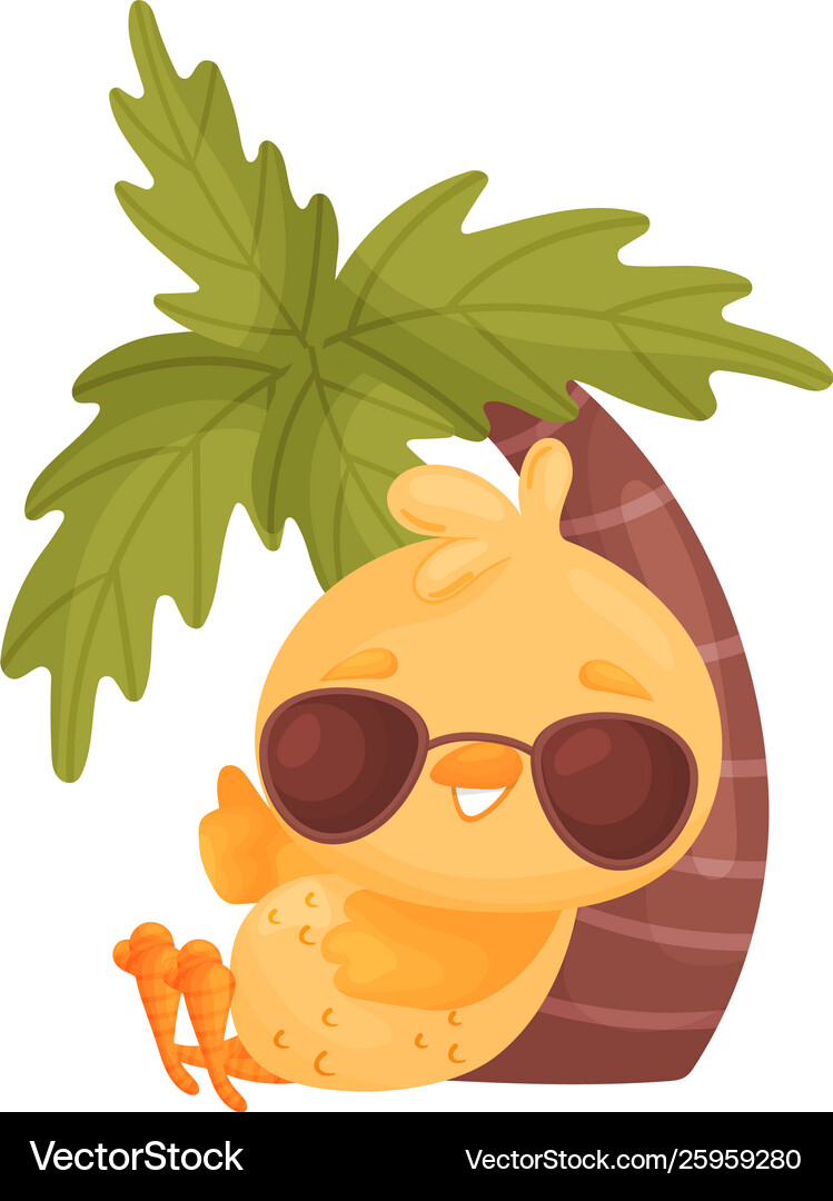 Cartoon chicken lies under a palm tree Royalty Free Vector