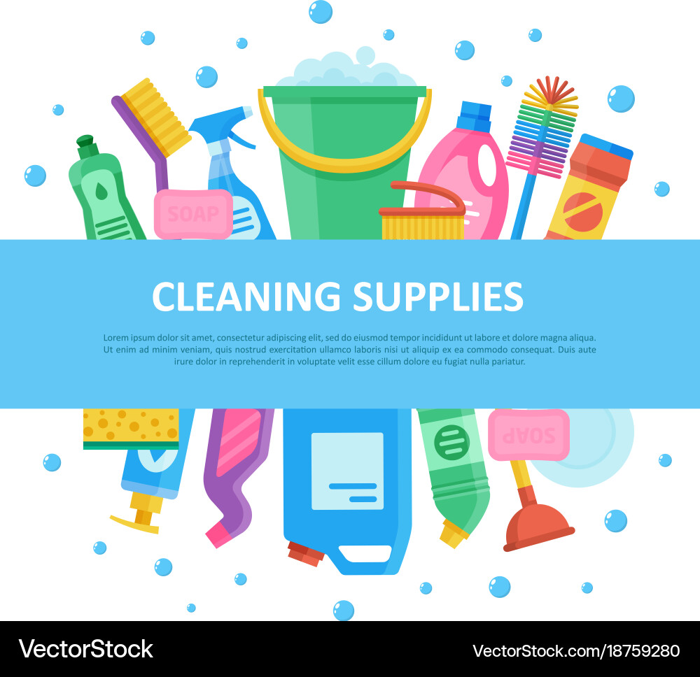 Cleaning supplies set with central lettering Vector Image