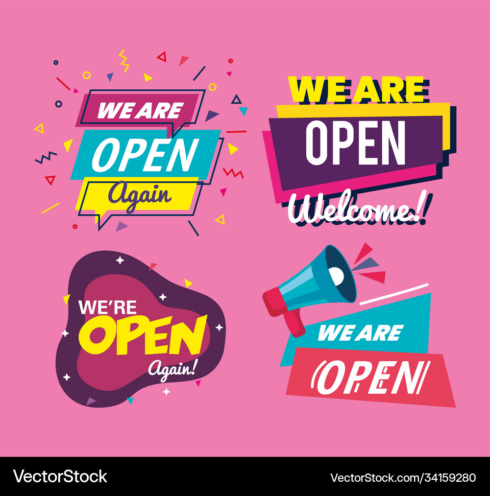 Set banners lettering we are open on pink Vector Image