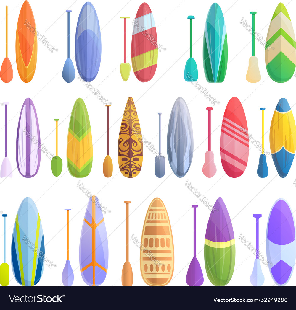 Sup surfing icons set cartoon style Royalty Free Vector